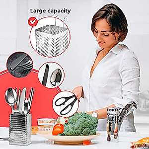 Stainless Steel Utensil Holder for Kitchen Counter - Perforated Kitchen Utensil Holder for Countertop Chopstick Spoon Spatula Holder Dryer Rack with Hooks - Utensil Caddy for Cooking Utensils Holder