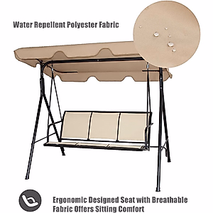 GRAFFY 3-Seat Deluxe Outdoor Swing with Weather Resistant Steel Frame & Polyester Angle Adjustable Tilt Canopy, 3 Person Porch Swing, Suitable for Patio, Garden, Poolside, Balcony, Brown