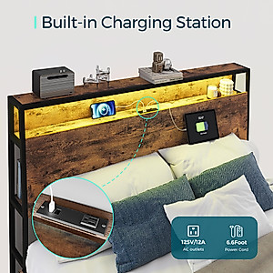 LINSY Queen Bed Frame with Ergonomic Headboard, 14 inch Fast Assembly Metal Bed with Lights, Outlets & USB, Bed Frame Queen Size with Storage, Noise Free, No Box Spring Needed, Rustic Brown