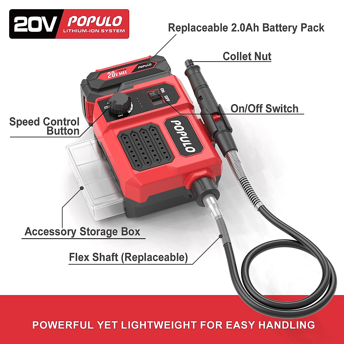 POPULO 20V Cordless Flex Shaft Rotary Tool, Variable Speed Power Rotary Tool Kit with 80 Accessories, 2.0Ah Battery and Charger, Tools used for High-Precision Cutting and Large Wood Carving