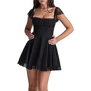 Women Vintage Lace Patchwork A-line Dress Short Sleeve Ruched Square Neck Short Mini Dress (Black, L)
