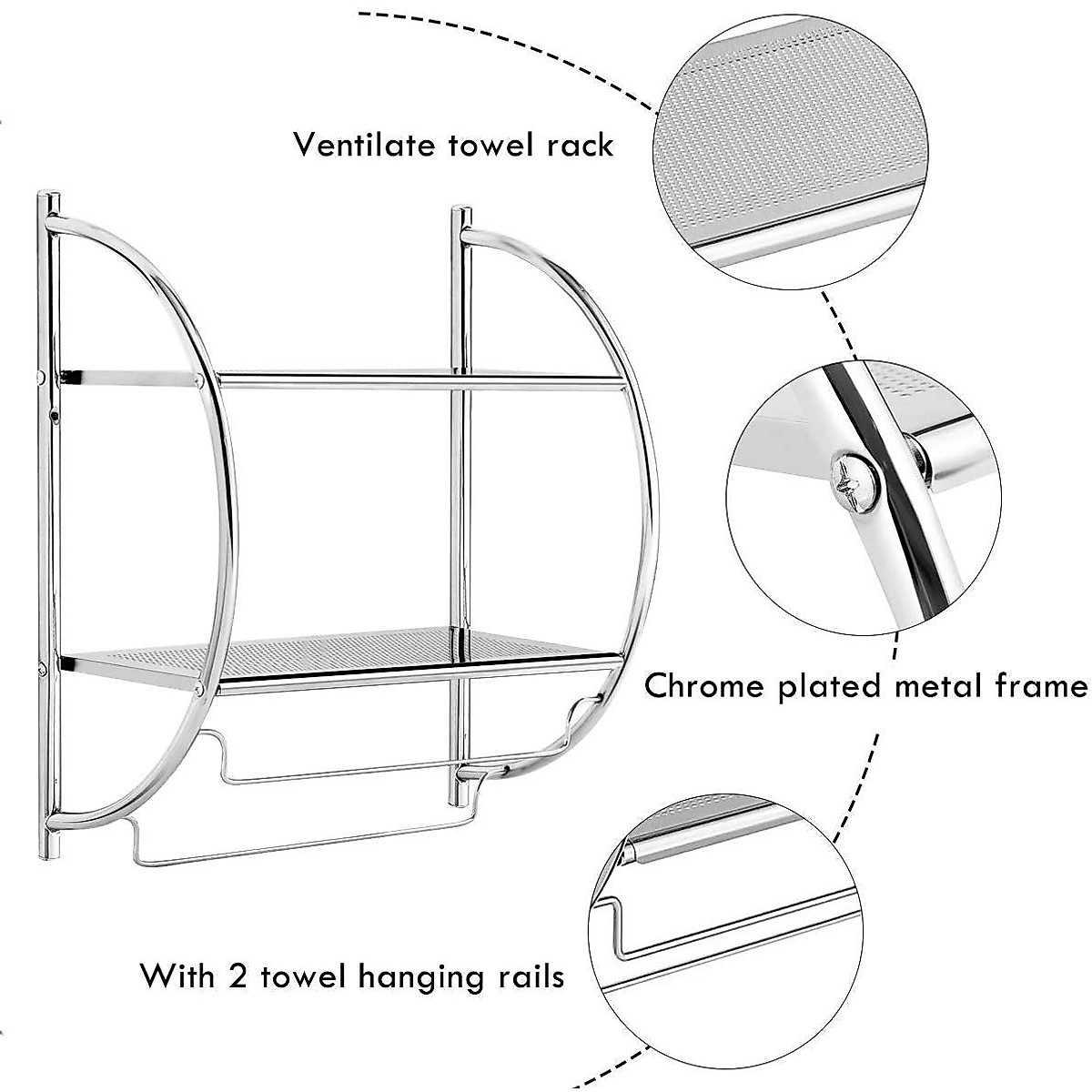ReunionG 2-Tier Bathroom Shelf with Towel Rails, Wall Mounted Towel Shelf with Space-Saving Design, Multifunctional Chrome Bathroom Storage Shelf for Bathroom Laundry Room Kitchen, Easy Assembly
