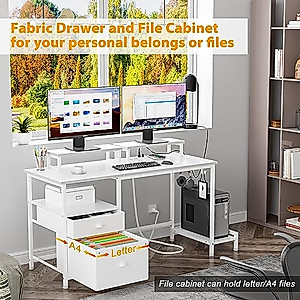 Furologee White Computer Desk with Drawer and Power Outlets, 47" Office Desk with 2 Monitor Stands and Fabric File Cabinet, Writing Gaming Table with Shelves and 2 Hooks for Home Office