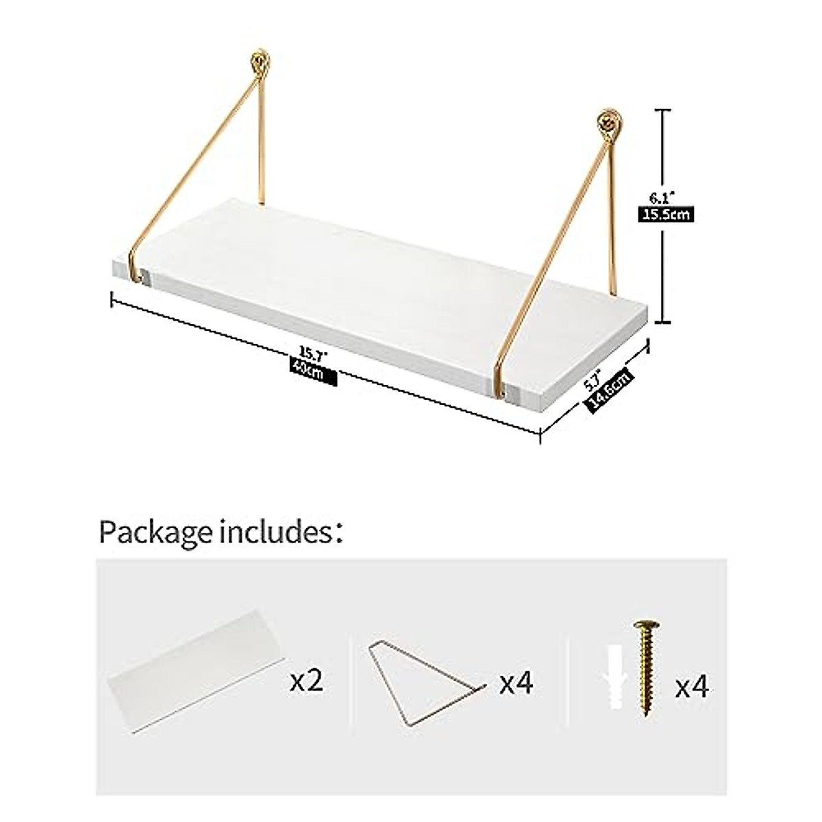 SUMGAR White Floating Shelves 16 Inch Gold Wall Mounted Floating Shelf for Bathroom Bedroom Kitchen Office Set of 2 Modern Wood Haing Shelf for Plant Book Storage and Display