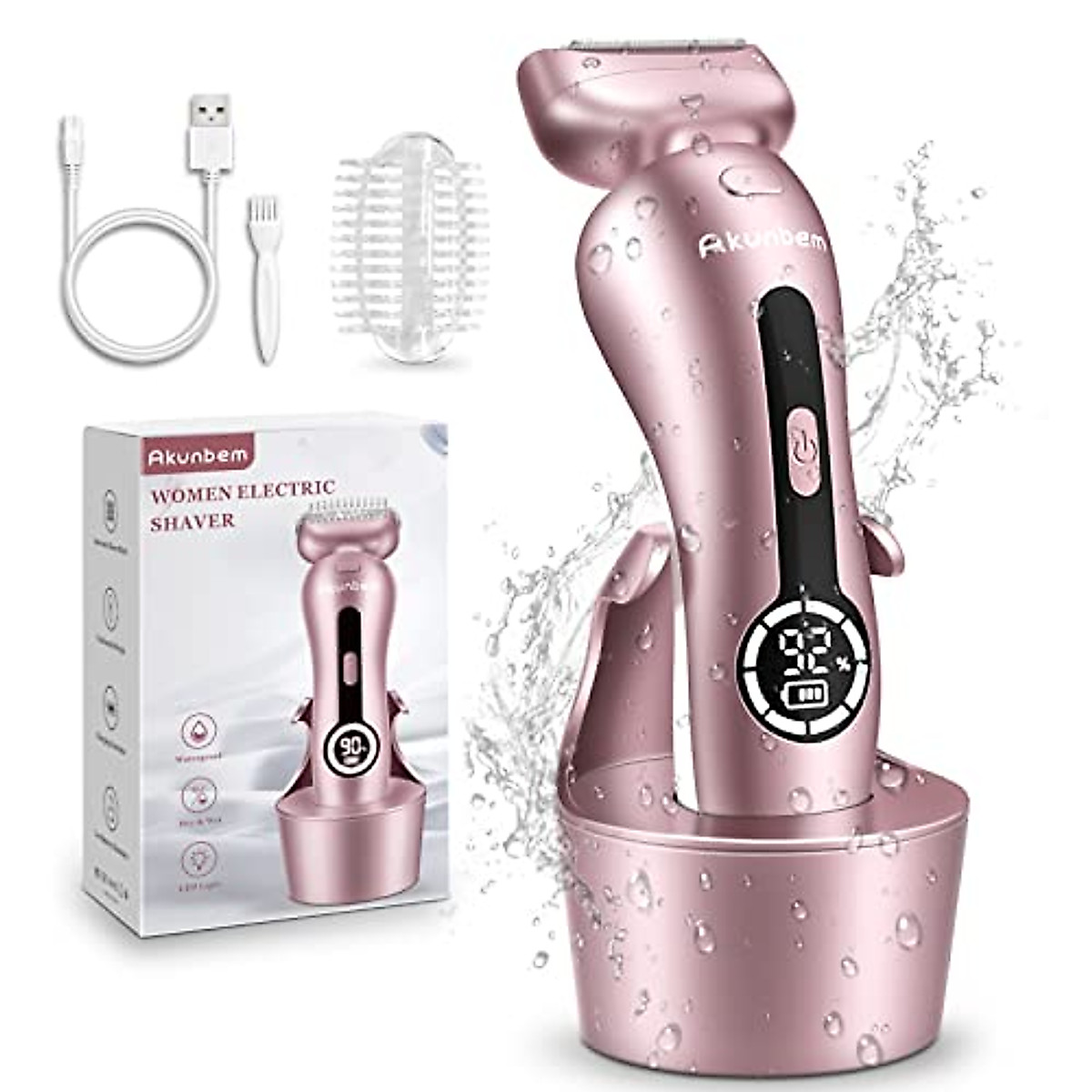 Akunbem Electric Razor for Women Legs Bikini Trimmer Shaver Underarm Public Hairs Rechargeable Womens Wet Dry Use Painless Cordless with Detachable Head (Pinkish)