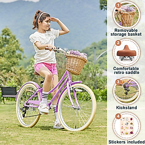 Glerc Missy 24" inch Girl Cruiser Kids Bike 6-Speed Teen Hybrid City Bicycle for Youth Ages 7 8 9 10 11 12 13 14 Years Old with Wicker Basket & Lightweight, Purple