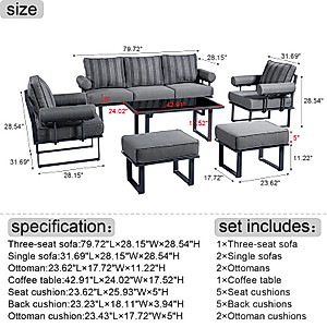 HOOOWOOO Aluminum Patio Conversation Set of 6 Pieces Weather Resistant Outdoor Furniture Sofa Set with Armrest Cushion,Armchairs,Ottomans and Coffee Table,Gray Frame Gray Stripes Cushions