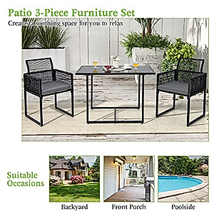 Tangkula 3 Pieces Outdoor Dining Set, Patio PE Rattan Furniture Set with Folding Backrest, Cozy Seat Cushions, Tempered Glass Tabletop, Space-Saving Rattan Chair Table Set for Backyard, Poolside