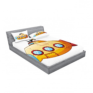 Ambesonne Yellow Submarine Fitted Sheet & Pillow Sham Set, Sea Theme Design in Cartoon Style Illustration of a Submarine Print, Decorative Printed 6 Piece Bedding Decor Set, King, Orange and Yellow