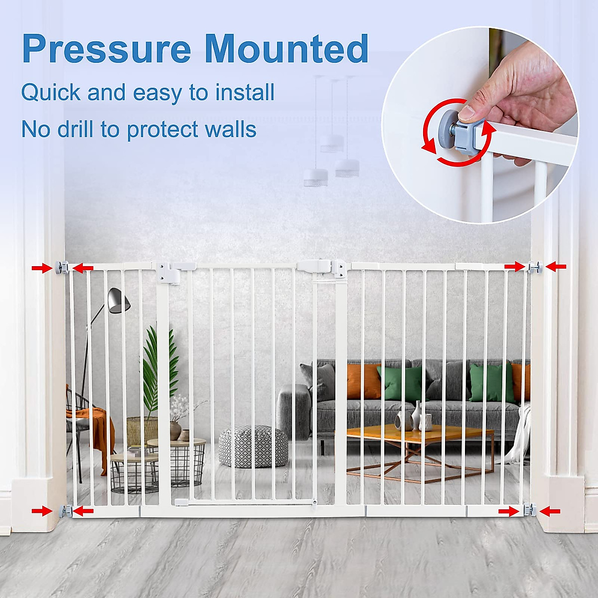 Kinfant Extra Wide Baby Gate - 58-Inch White Doorway & Stair Gate, Tall & Adjustable Extension Pressure Pet Gate, with Extension Kit, Pressure Mount Kit, Wall Cups