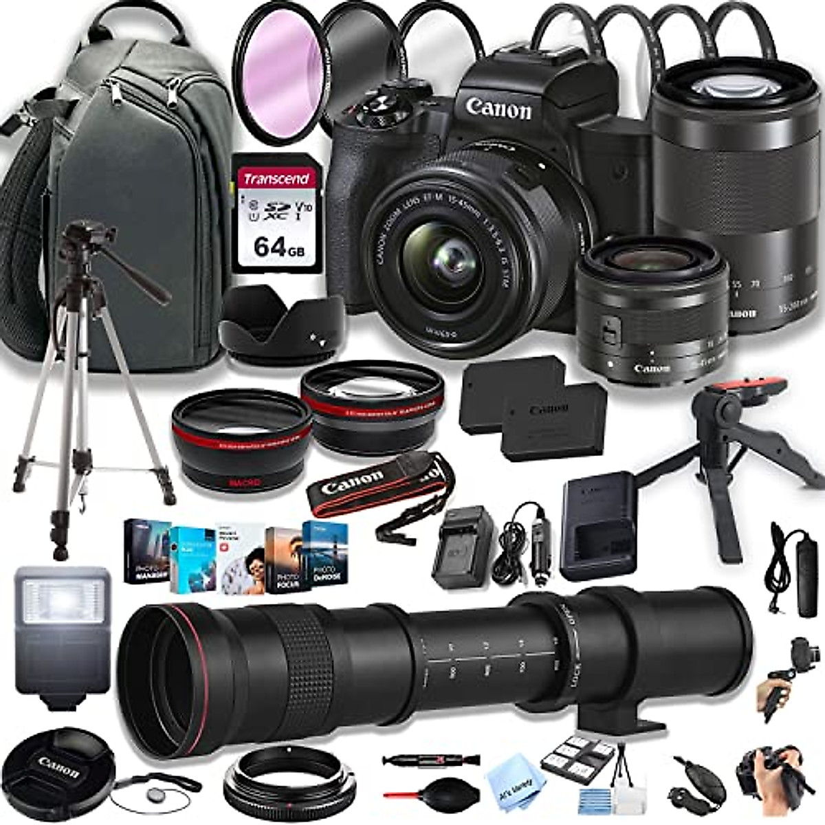 Canon EOS M50 Mark II Mirrorless Digital Camera with 15-45mm f/3.5-6.3 IS STM Lens +55-200mm f/4.5-6.3 IS STM Lens + 420-800mm Super Telephoto Lens + 64GB Memory Card, Professional Photo Bundle (44pc)