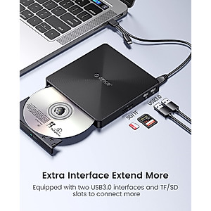 ORICO External CD DVD Drive for Laptop PC with USB Ports and TF/SD Card Slots Portable DVD Disc Drive Support M-DISC Compatible Windows Linux OS Mac System