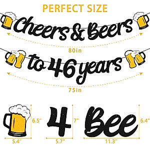 46th Birthday Decorations Cheers & Beers to 46 Years Banner for Men Women 46s Birthday Backdrop Wedding Anniversary Party Supplies Black Glitter Decorations Pre Strung