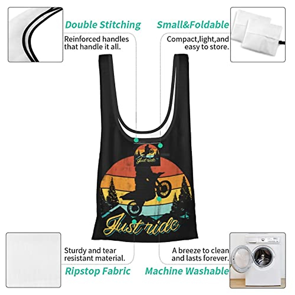 Chioee Motorcycle Reusable Shopping Bags Heavy Duty 50Lb Weight Capacity Portable Reusable Bags Large Shopper Bags for Groceries