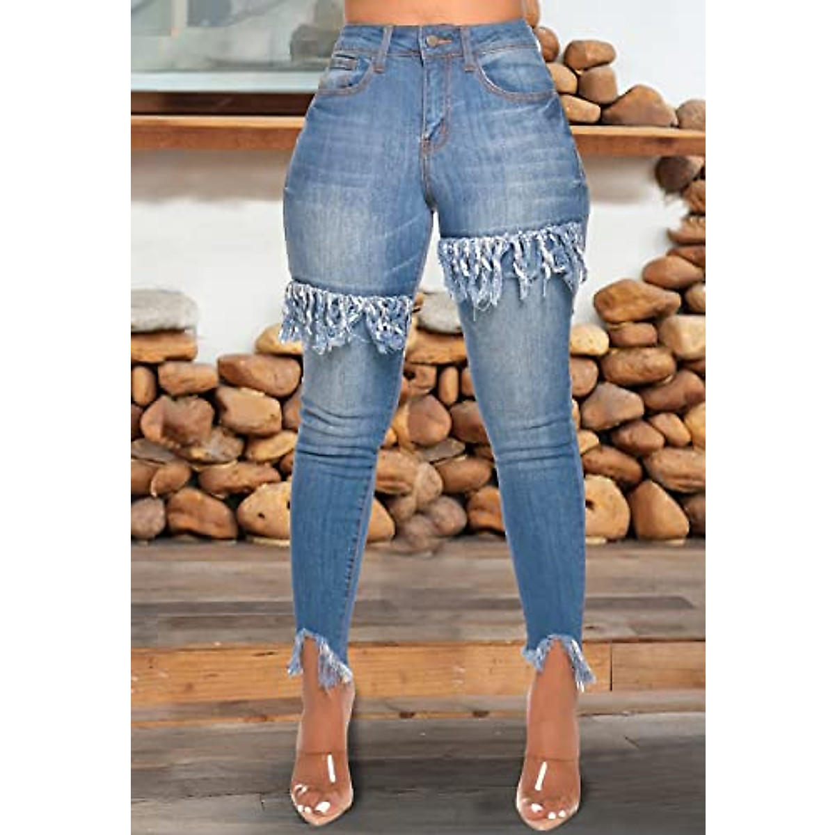 FairBeauty Women's Skinny Stretch Jeans Frayed Raw Hem Slim Fit Jeans Ripped Denim Pants Blue-a