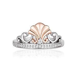 Jewelili Enchanted Disney Fine Jewelry Sterling Silver and 10k Rose Gold 1/10 Cttw Diamond Ariel Shell Tiara Ring Size 6