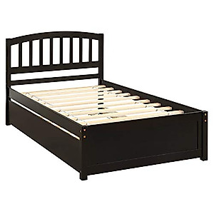 TARTOP Twin Size Platform Bed Wood Bed Frame with Trundle, Wood Bed Frame with Trundle and Slatted for Kids Teens Adults,No Box Spring Needed,Espresso