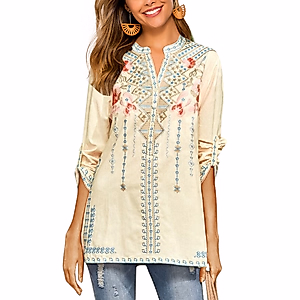 AK Women's Embroidered Tops Mexican Shirt V Neck Summer Casual Tops Peasant Tunic Loose Blouse (Small, 127-Yellow)