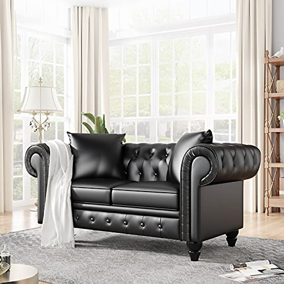 Pannow 63 Inch Upholstered Loveseat Sofa, Classic Chesterfield Couch with 2 Pillows and Roll Arms, Button Tufted PU Leather Sofa for Living Room Bedroom Guest Room, Black