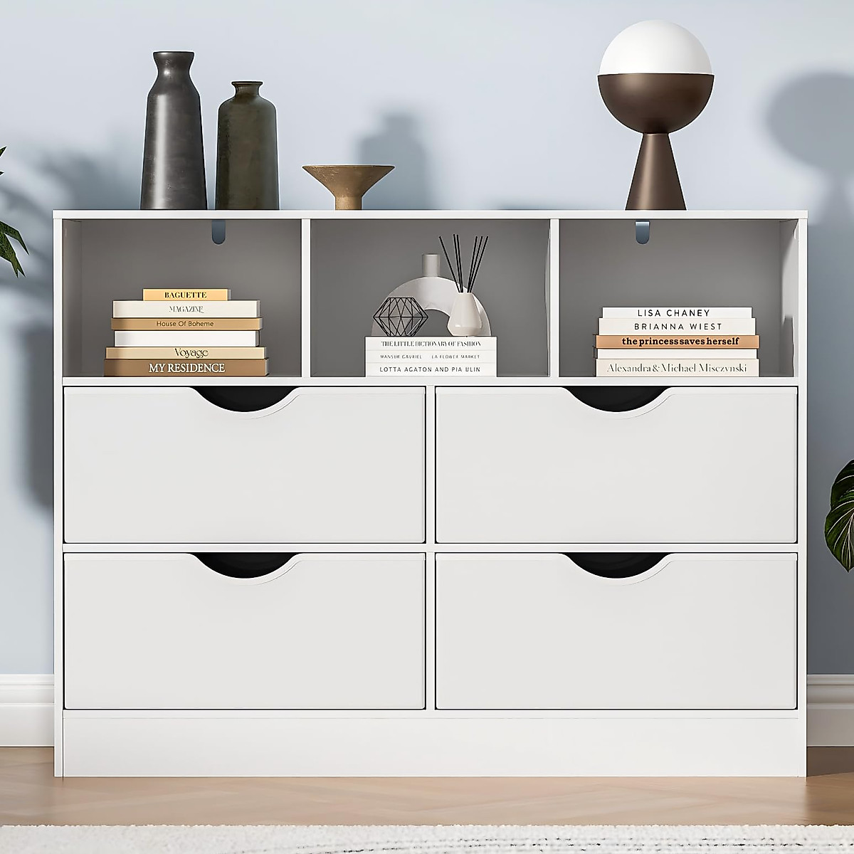 Housoul 4 Drawers Dresser with Open Cube, Chest of Drawers, Dresser for Bedroom, Fabric PU Drawer Dresser, White Dresser with Large Organizer, Closet Dresser with 4 Drawers, White