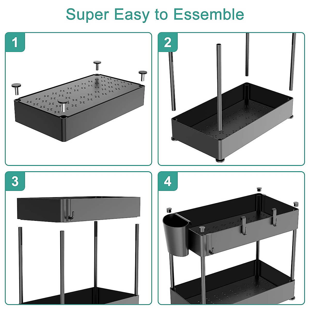 Giergt Under Sink Organizers and Storage, Bathroom Organizer Under Sink, 2-Tier Organizer with 6 Hooks, Multi-purpose Under Kitchen Sink Storage, Black Under Sink Shelf Organizer Rack