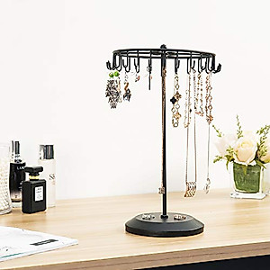 MyGift 14-Inch Black Metal Rotating Bracelet and Necklace Jewelry Tower with 24 Hooks and Round Base, Accessories and Keychain Holder Display Stand
