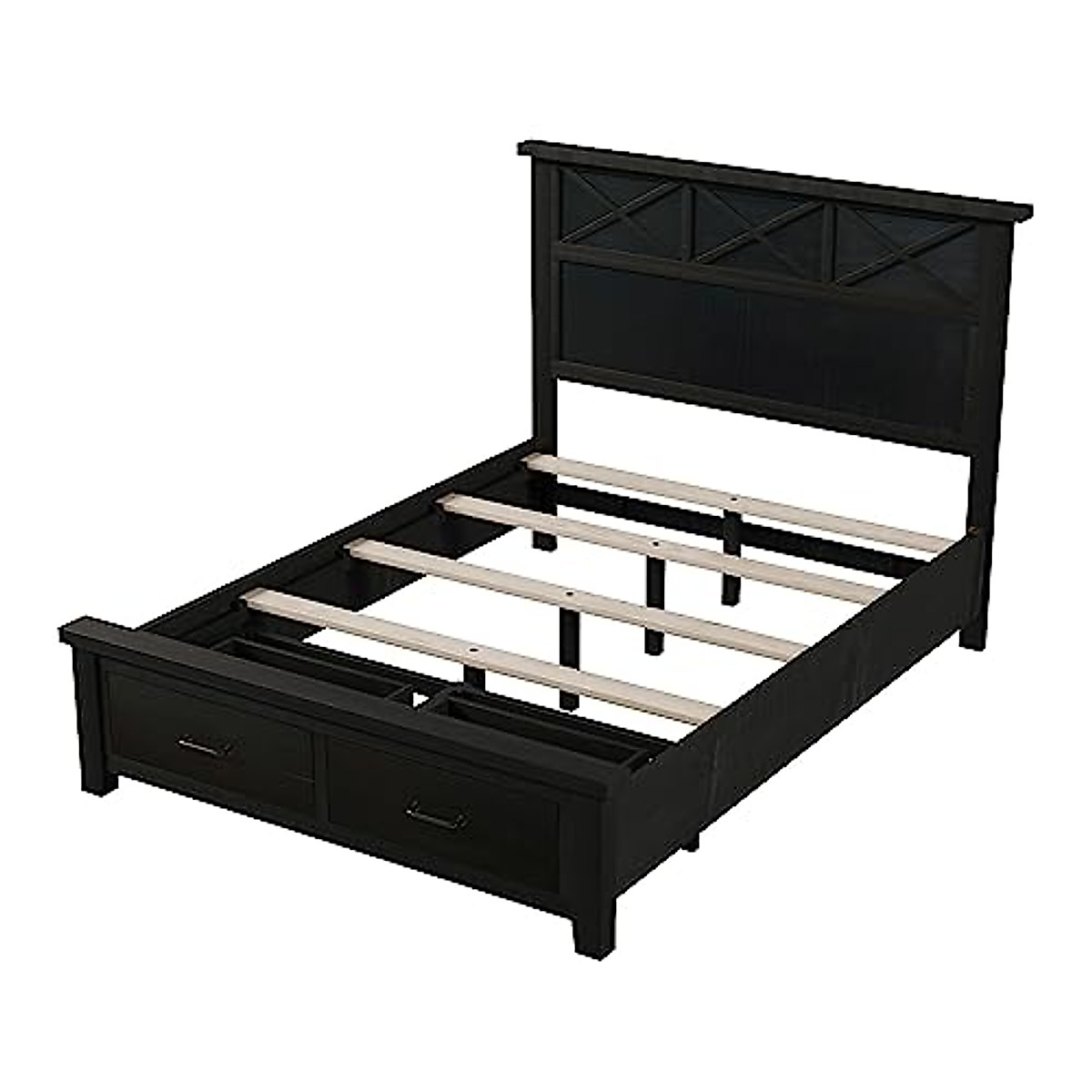 Queen Size Platform Bed, Wood Platform Beds with Two Storage Drawers & Headboard Rustic Farmhouse Style Wood Bed Frame Queen for Bed Room, No Box Spring Needed (Black)