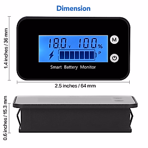 IPX7 Waterproof Battery Monitor with Bracket 7-100V,Car Motorcycle Golf cart Battery Meter Digital Battery Capacity Remaining Capacity Percentage Tester with Buzzer Alarm and Temperature