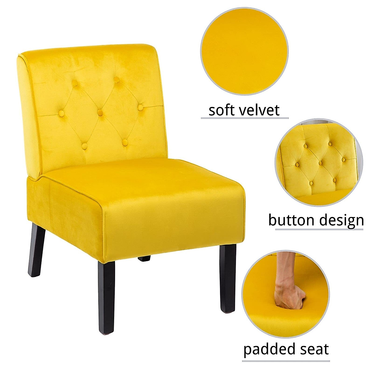 Freemax Velvet Fabric Accent Chair Armless Leisure Side Chair Cute Decorative Slipper Chair Small Tufted Single Sofa Chair for Living Room Bedroom Office Reading Room Nook (Yellow)