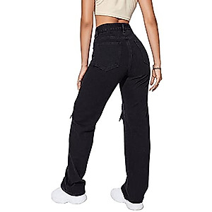 SweatyRocks Women's Casual Loose Ripped Denim Pants Distressed Wide Leg Jeans Black XL