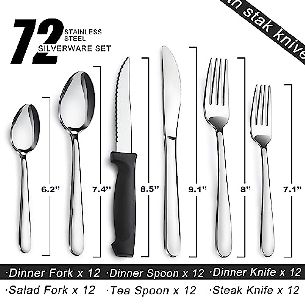 Pleafind 72-Pieces Silverware Sets for 12, Flatware Set with Steak Knives, Stainless Steel Cutlery Set, Include Forks Spoons and Knives Set, Dishwasher Safe Utensil Sets for Home Restaurant