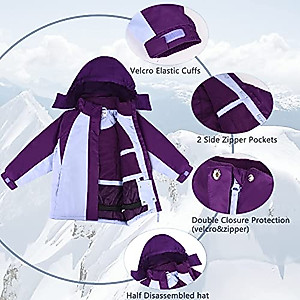 YINGJIELIDE Girl's Waterproof Ski Jackets,Kids Warm Winter Snow Coat,Fleece Lined Hooded Outerwear,Snowboarding Windproof Lilac 9-10 Years