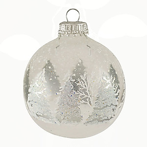 Glass Christmas Tree Ornaments - 67mm/2.63" Designer Balls from Christmas by Krebs - Seamless Hanging Holiday Decorations for Trees - Set of 12 Ornaments (Silver with White Festive Trees)
