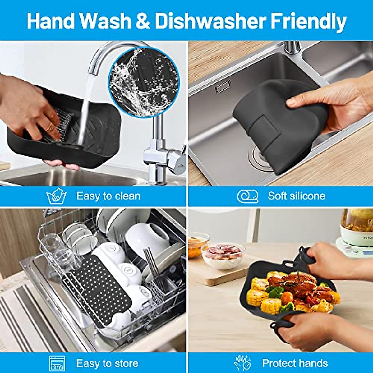 6 Packs Silicone Air Fryer Liner, Air Fryer Silicone Pot Rectangular for Ninja Foodi Dual DZ201 8QT, Replacement Baking Tray for Ninja/Instant Vortex Dual Zone Air Fryer AF300UK, AF400UK (Black)