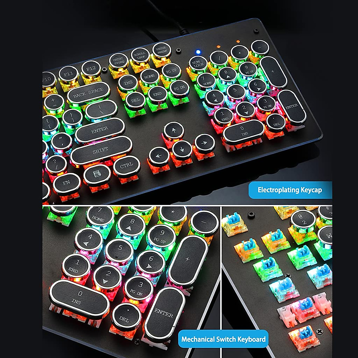 Peiiwdc Retro Punk Typewriter, Mechanical Gaming Keyboard,Blue Switches,USB Wired,Cool Wired Retro Steam Punk Typewriter Round Keycaps 104keys White