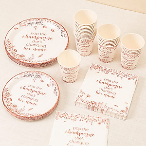 Crisky Rose Gold Bachelorette Napkins Plates Cups Set for Bridal Shower Wedding Engagement Party Decorations Supplies, Disposable Tableware Set of 24 (Pop, She is Change Her Name)