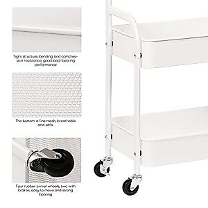 RêveLife 3 Tier Rolling Storage Cart Metal Utility Cart with Lockable Wheels Wooden Top Mobile Print Stand Heavy Duty Storage Organizer for Home Office Kitchen Living Room, White