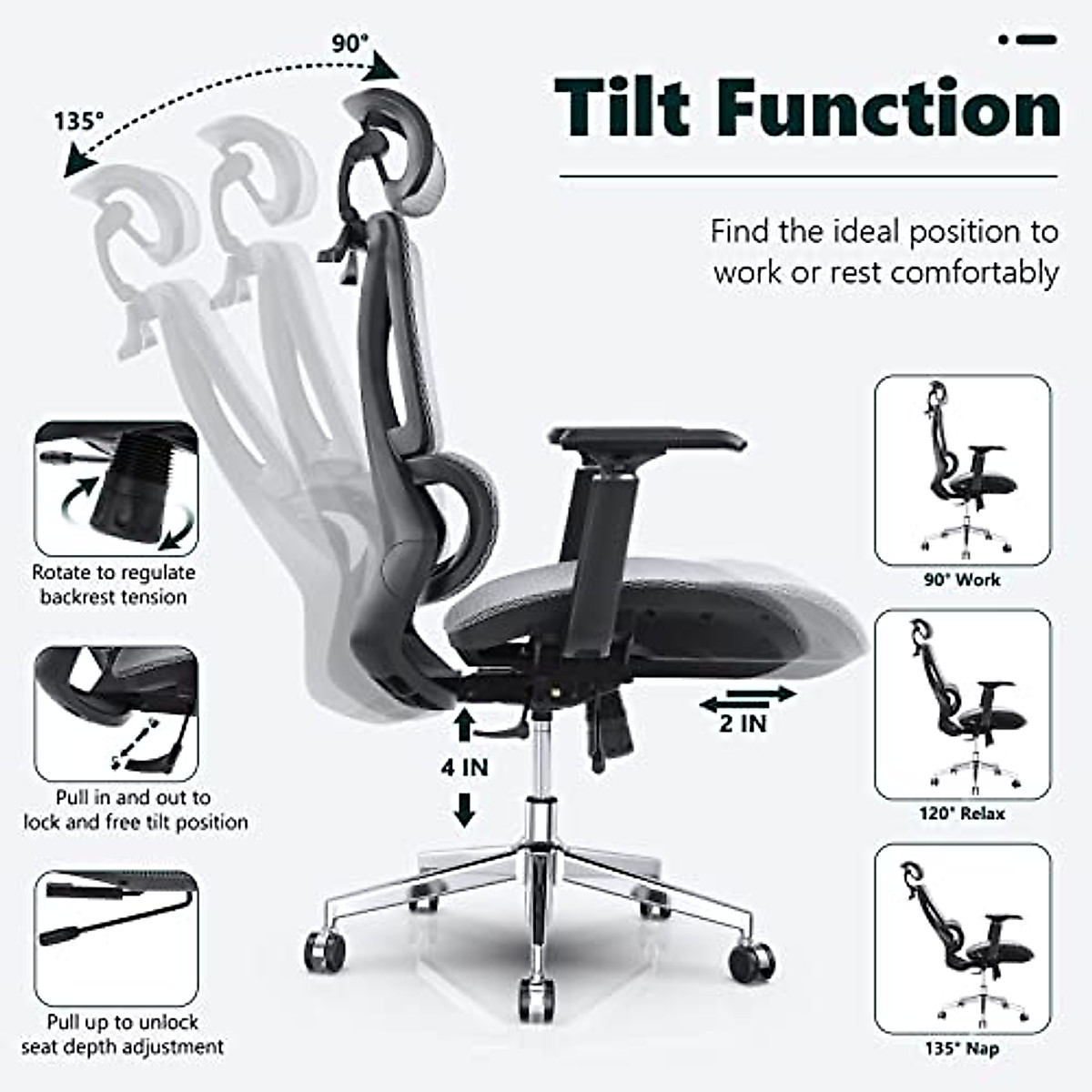 Memobarco Office Chair, Ergonomic Office Chair with Lumbar Support, Adjustable Seat Depth, Headrest, Armrests, Tilt Function, Mesh Executive Office Chairs for Home, Meeting, Conference, Hotel, Gray