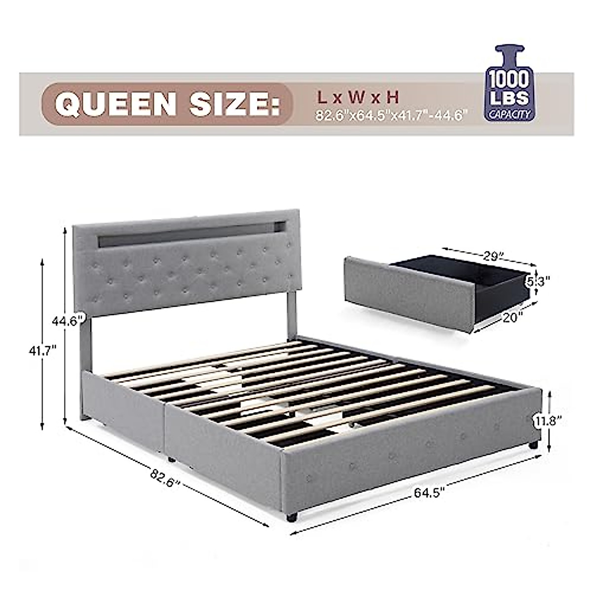 HOMFAMILIA Queen LED Bed Frame with 4 Storage Drawers and 2 USB Ports, Modern Adjustable Upholstered Button Tufted Headboard, Solid Wooden Slat Support, No Box Spring Needed(Light Grey)