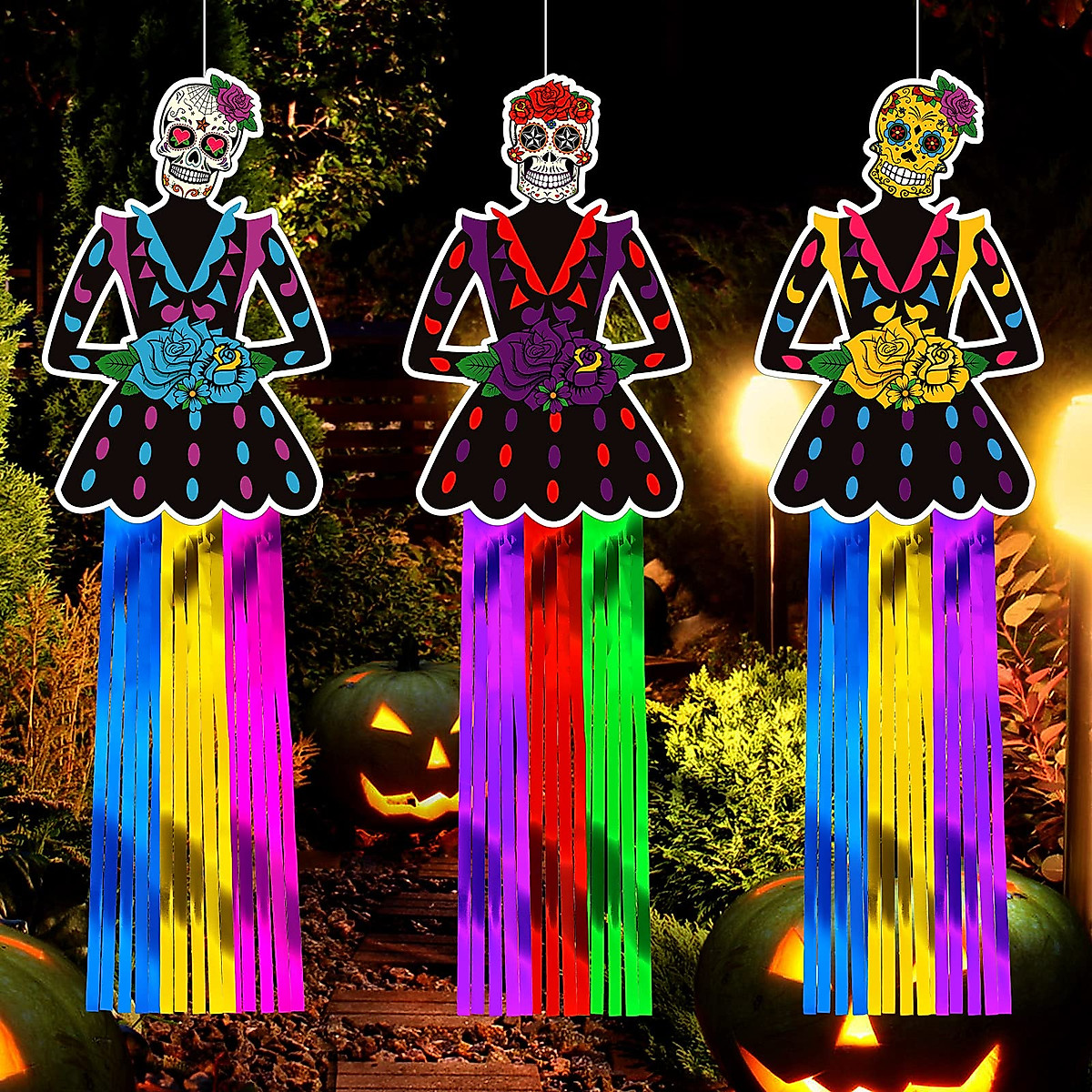 Day of the Dead Sugar Skull Hanging Decorations 3 Pieces Dia De Los Muertos Party Decorations Skeleton Sugar Skull Bride Decor with Tassels, Glue and Ropes for Halloween DIY Craft Party Supplies