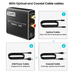192KHz Digital to Analog Audio Converter, Aluminum Optical to RCA Converter with Optical Coaxial Cables, Toslink Optical Digital to RCA (L/R) and 3.5mm Jack DAC For TV PS4 DVD PS3 Amp Receiver Speaker