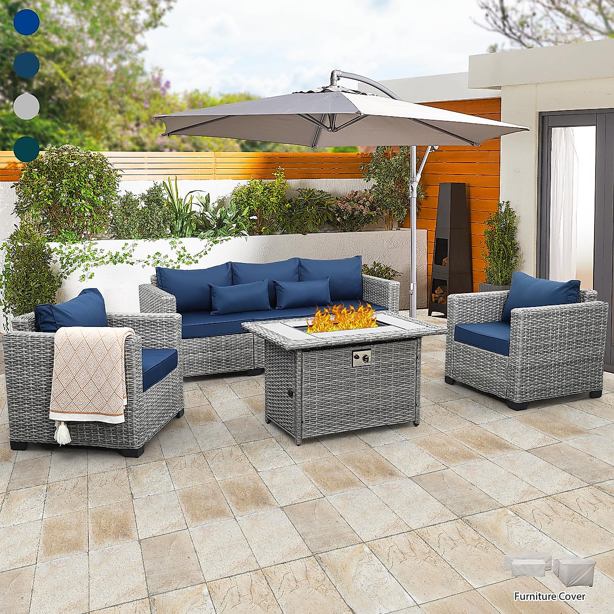 Rattaner 4 Pcs Outdoor Furniture Sets Patio Furniture Set Patio Couch Outdoor Chairs 42-in Wicker Fire Pit Table with Anti-Slip Cushions and Waterproof Covers, Navy Blue
