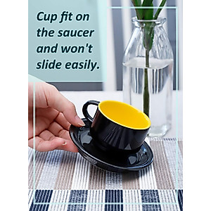 Teocera Porcelain Espresso Cups with Saucers and Metal Stand - Set of 6 Stackable Demitasse Cups, 2.5 Ounce for Coffee and Tea, Black Multi Color