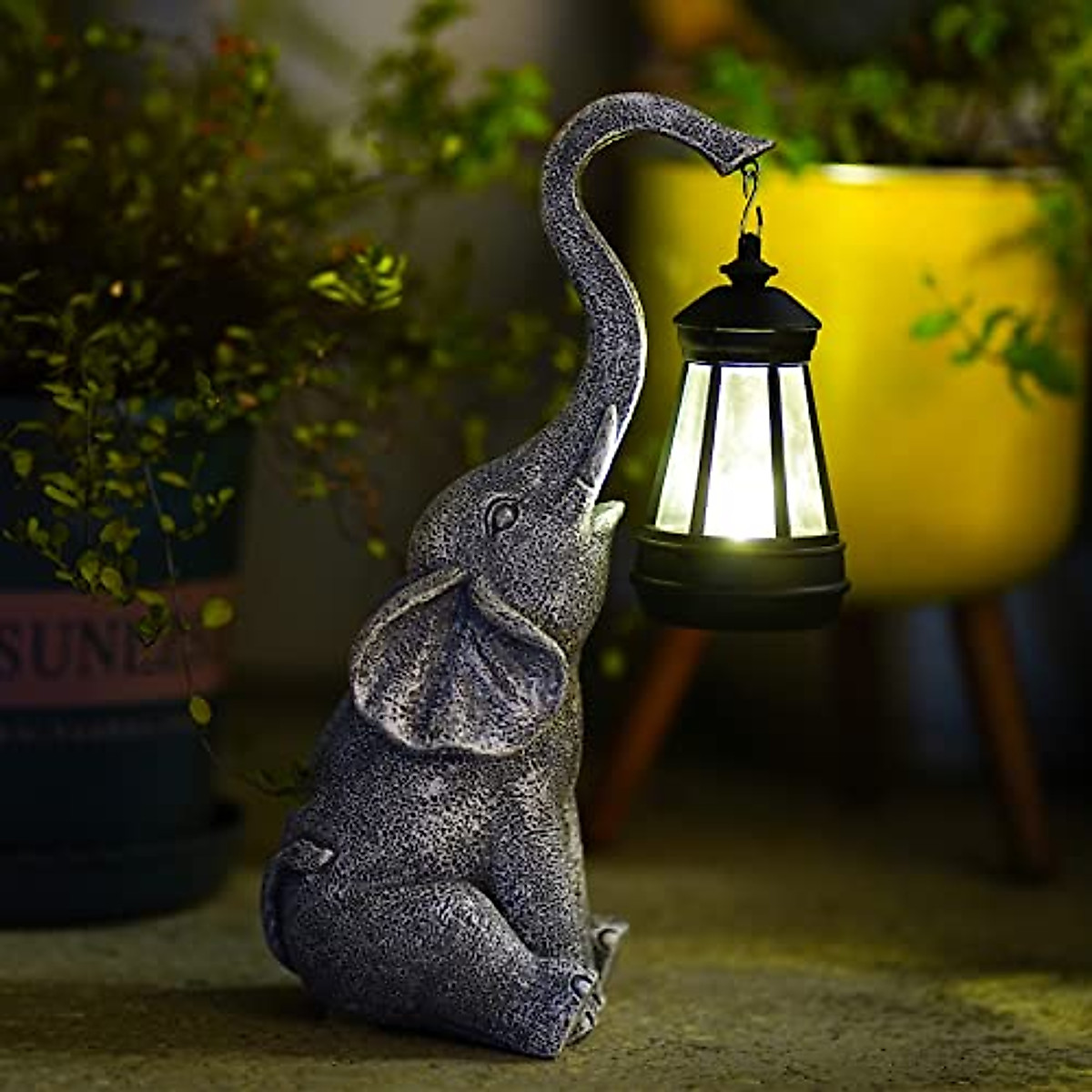 Goodeco Elephant Statue with Solar Lantern - Ideal Gifts for Women, Mom or Birthday, Beautifully Crafted Elephant Lamp Outdoor Statues, Garden Decor Made Easy (Elephant)