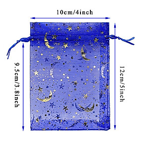 SUNGULF 100Pcs Sheer Organza Drawstring Pouches Stars and Moon Wedding Gift Bags Blue Color 4x5 Inches
