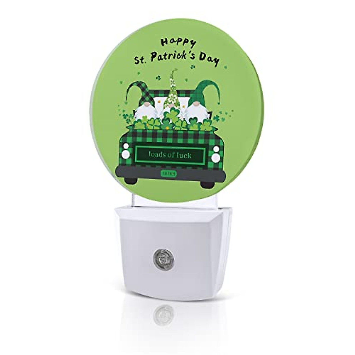 St.Patrick Day Gnomes Truck Night Lights Plug into Wall, Buffalo Plaid Green Shamrocks Auto Round LED Lights with Dusk to Dawn Sensor for Bedroom, Bathroom, Hallway, Kitchen, Kids, Home Decor