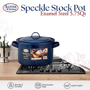 Alpine Cuisine Enamel Steel Dark Blue Speckle Stock Pot 5.75qt with Lid, Healthy Cookware Commercial Grade Stockpots, Multi Cooking Pot for Stew, Sauce & Reheat Food, Compatible for Family Meals