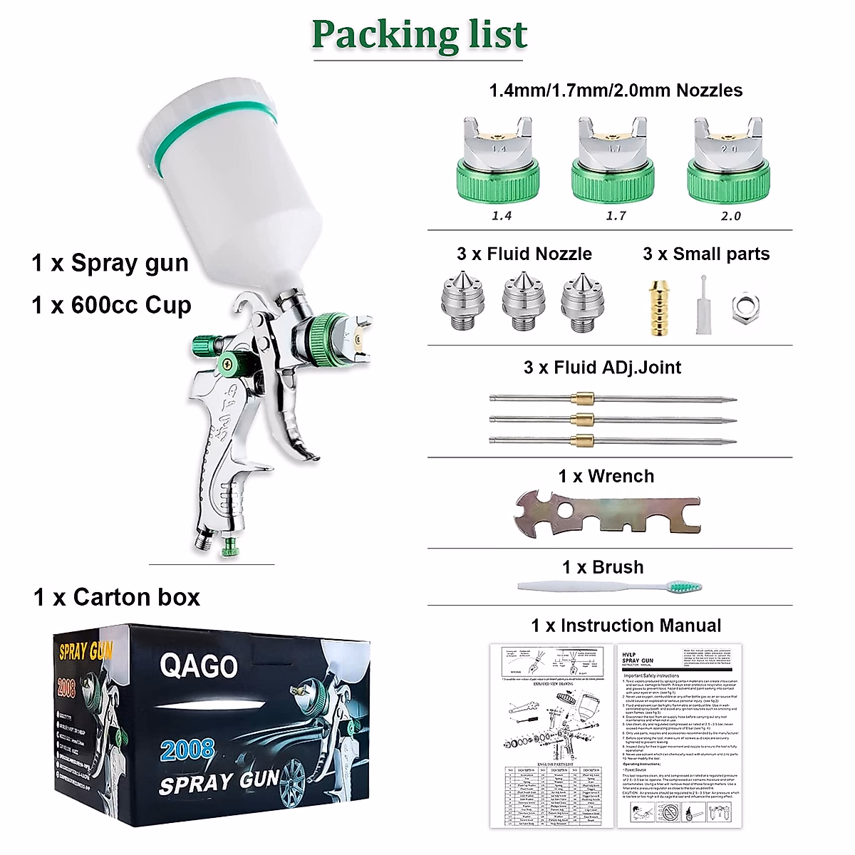 HVLP Spray Gun Set, Automotive Paint Spray Paint Gun with 3 Nozzles 1.4/1.7/2mm Nozzle and 600cc Cups, for Car Primer, Furniture Surface Spraying, Wall Painting, Base Coatings (Green)