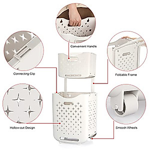 BTSKY Plastic Collapsible Laundry Baskets Wall Hanging Dirty Clothes Hamper with Hidden Pull-rod Multifunctional Plastic Laundry Baskets for Laundry Room Organization Bathroom Hotel and Camping, White