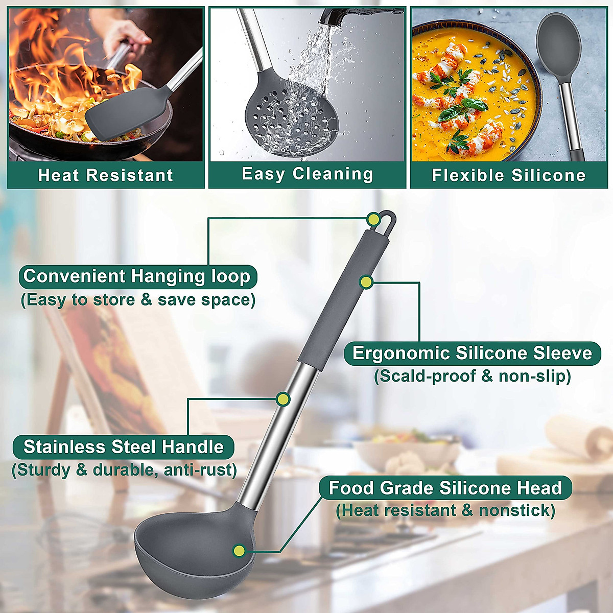 Homikit 38 Pieces Kitchen Cooking Utensils Set with Holder, Gray Silicone Utensil with Stainless Steel Handle, Nonstick Kitchen Tools with Spatula Ladle Pizza Cutter Grater Spoon Rest, Heat Resistant